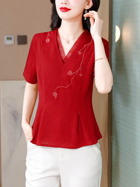 New Chinese style red short-sleeved shirt for women's summer clothes ...