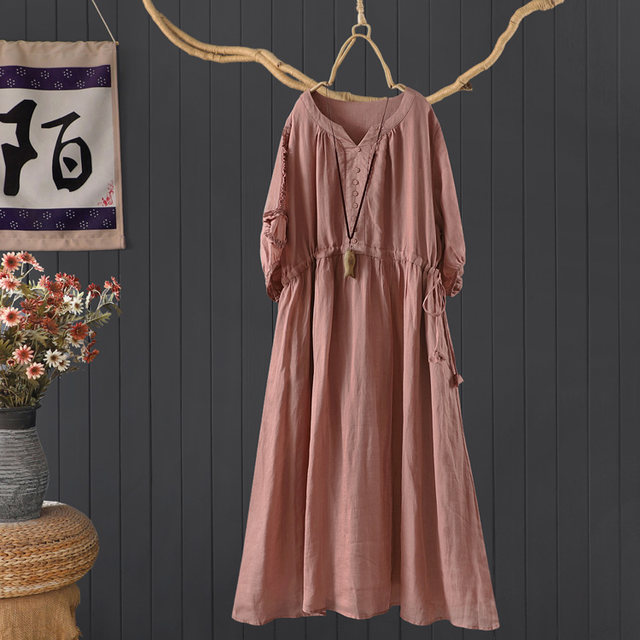 Elegant and fine ramie dress, summer literary and cool three-quarter ...
