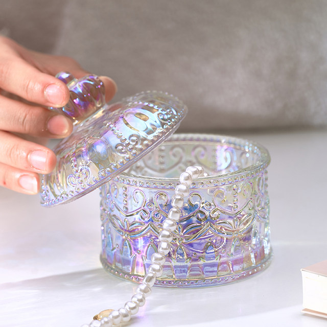 French glass jar ins style colorful crown embossed glass jewelry box ...