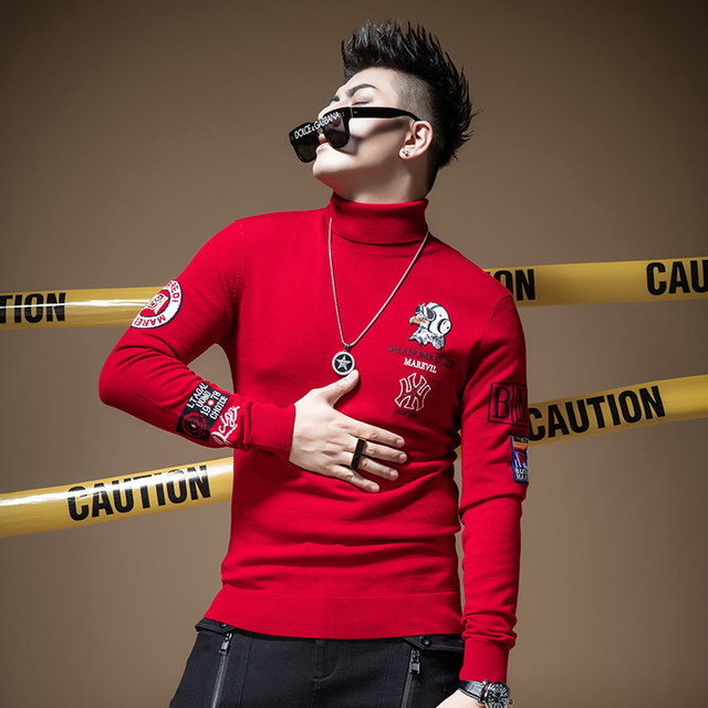 ZOUK men's air force style embroidered jacquard turtleneck sweater men ...