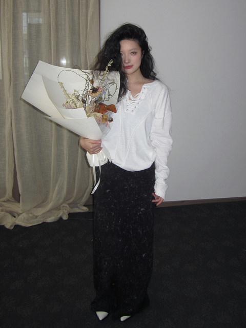 JDL MODE 2025 Spring V-neck Drawstring White Long Sleeve Base Shirt ...