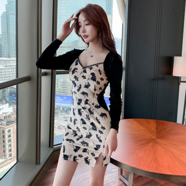 Nightclub sexy slim hip hip slit dress winter nightclub long sleeve ...