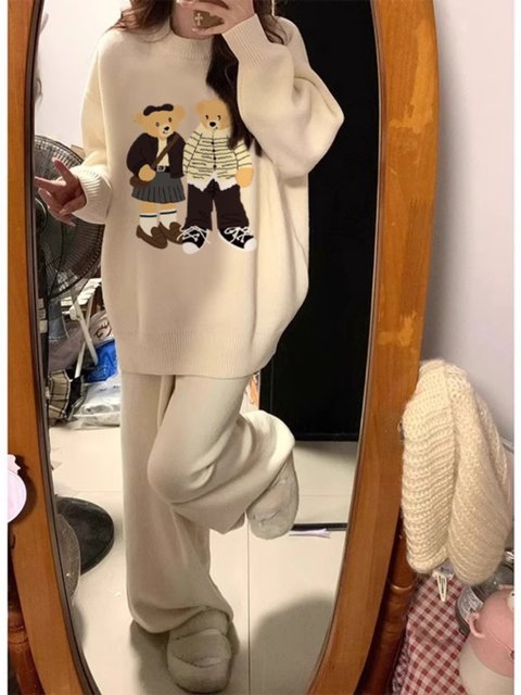 Large size lazy style cartoon bear knitted sweater for women autumn and ...
