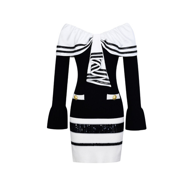 LEFAME/La Feimu 2023 Spring New One-line Neck Bow Slim Knitted Dress