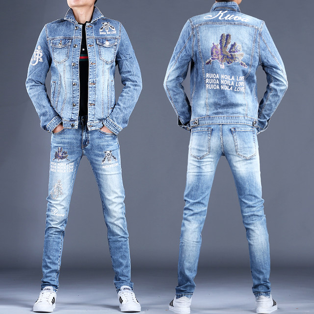 Luxurious hot diamond big-name denim suit men's light-colored high-end ...