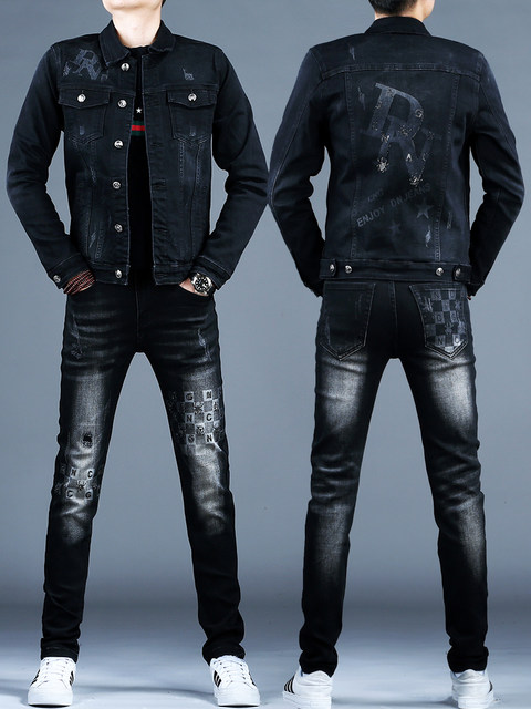 High-End Designer Denim Suit for Men, Trendy Slim-Fit Stretch Black and ...