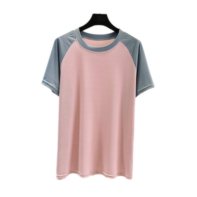 Modal ice silk top women's summer round neck color block T-shirt large ...