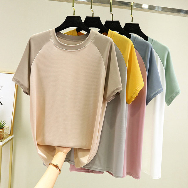 Modal ice silk top women's summer round neck color block T-shirt large ...