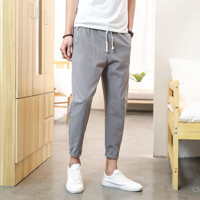 Men's pure cotton nine-point pants cotton and linen slim-fitting little ...
