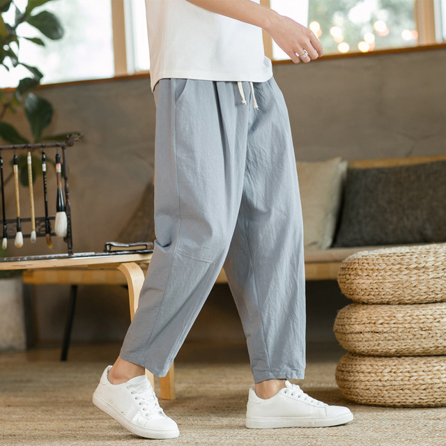 Nine-point pants men's summer thin linen pants loose straight large ...