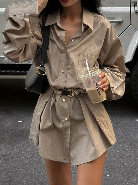 KLIOU street fashion lazy style retro khaki shirt dress feminine ...