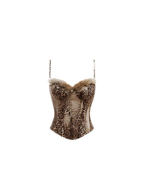 1Jinn Studio Spliced Rabbit Fur Leopard Print Bra Camisole Slim ...