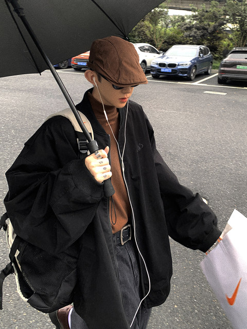 Aurocean all-black oversized jacket, vintage washed cotton 1,000-needle embroidered windbreaker