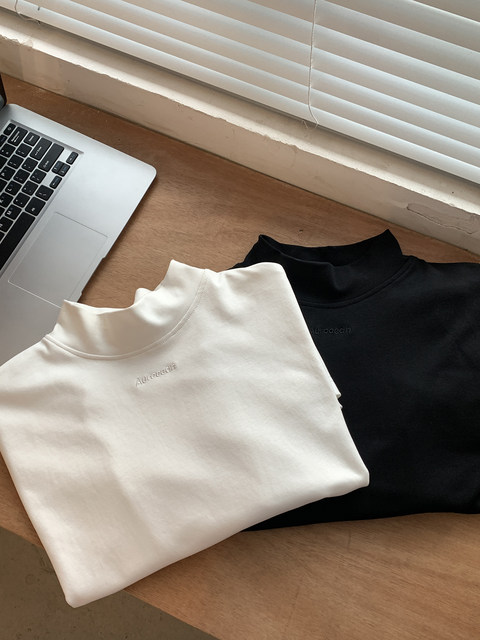 Aurocean inner turtleneck short sleeve summer black and white loose basic letter embroidered T-shirt