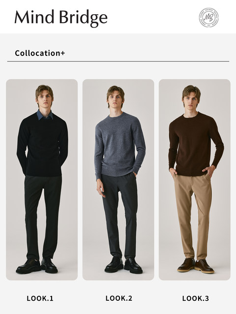 MB MindBridge Men's Autumn Round Neck Sweater 2024 New Long Sleeve Pure Wool Top