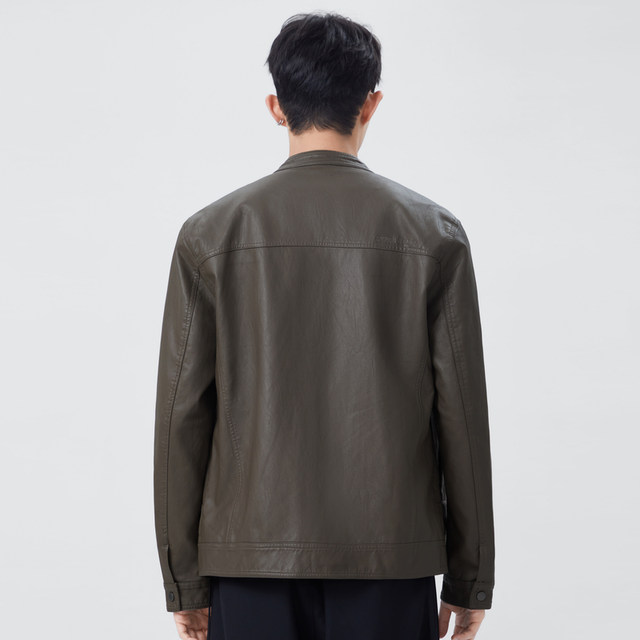 KM men's stand collar leather jacket men's jacket spring and autumn ...