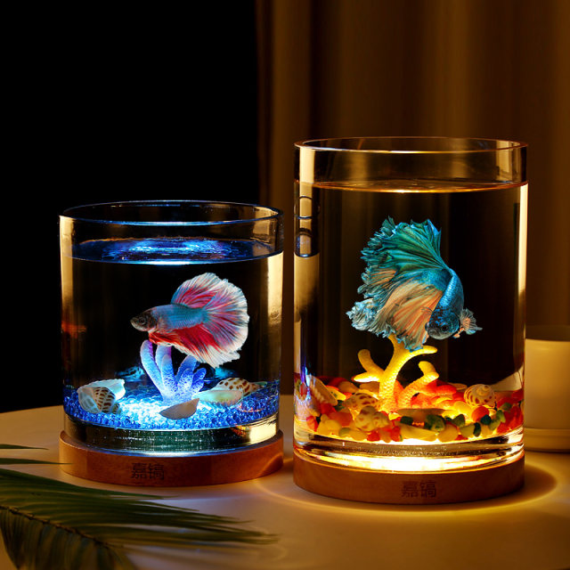 Creative betta fish tank round glass office desk small desktop guppy ...