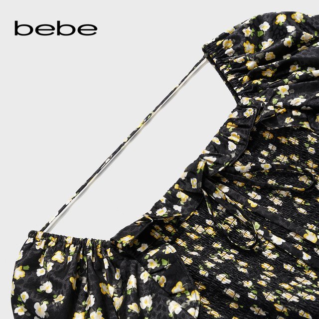 bebe autumn and winter series women's short cute square neck puff sleeve printed short-sleeved ...