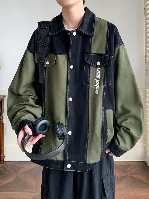 Military green work jacket men's autumn contrasting color splicing ...