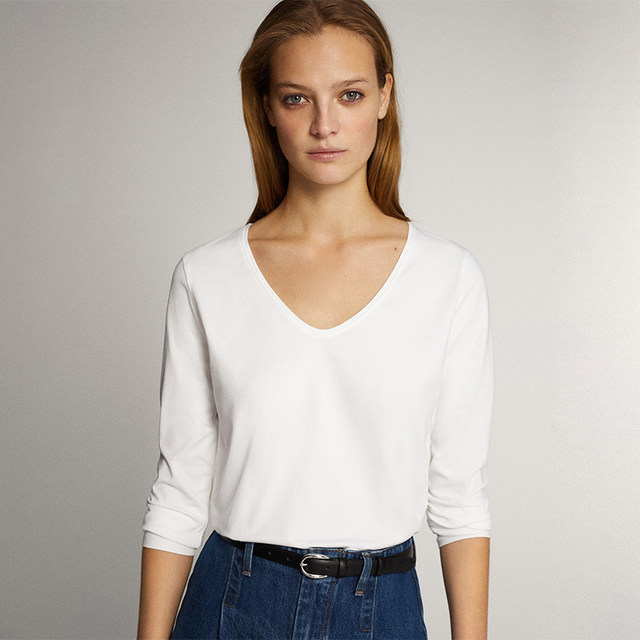 Spanish high-end basic pure white T-shirt women's long-sleeved slim V ...
