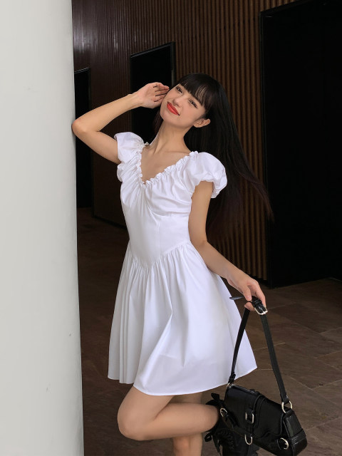 NEVA HU black V-neck high-end dress with waist slimming and women's ...