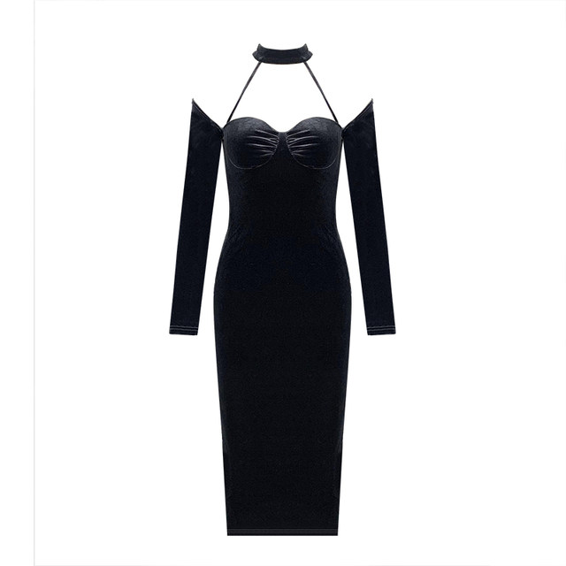 Thirteen and Little Halter Dress Women's Winter Black Sexy Off-the ...