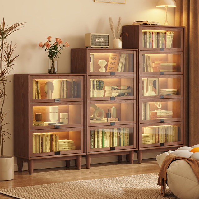 Dust-proof bookcase glass door storage rack integrated wall-to-ceiling ...