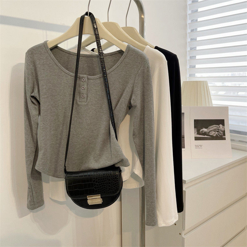 Soft and glutinous droop design button long-sleeved T-shirt base shirt ...