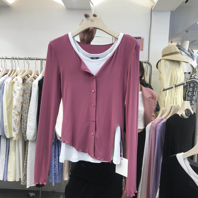 2021 early autumn new off -shoulder top long sleeves irregular split T ...