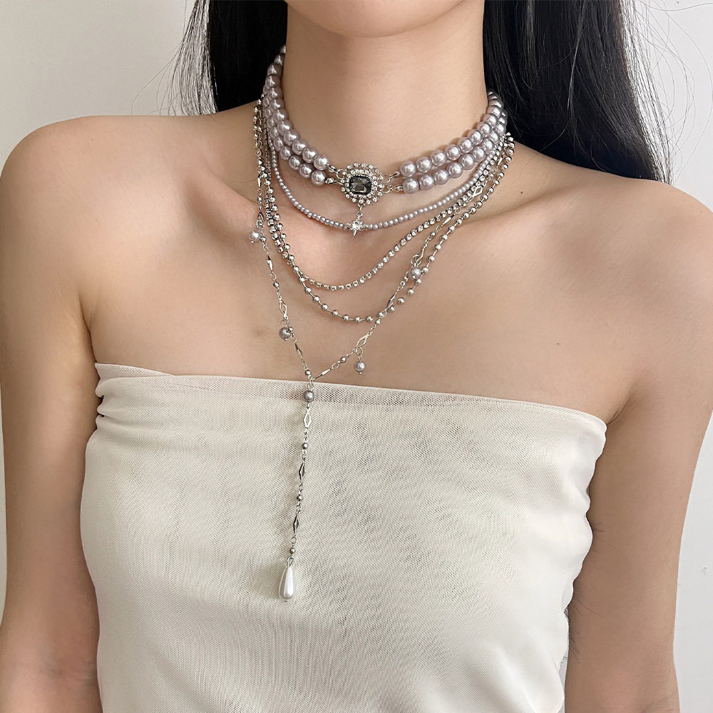 Multi-layered silver-gray pearl necklace for women retro niche choker ...