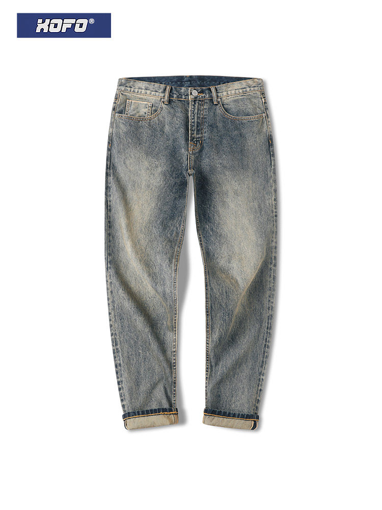 Xofo Men's Nine-Point Jeans - Yellow Washed Retro Straight Leg