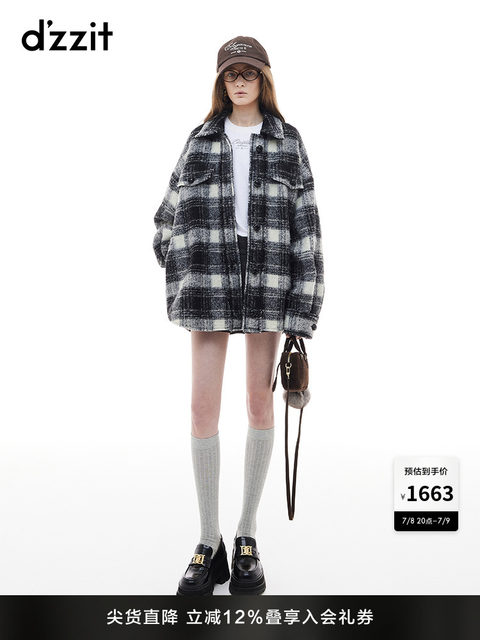 dzzit plain wool coat 2024 new winter tartan retro top for women