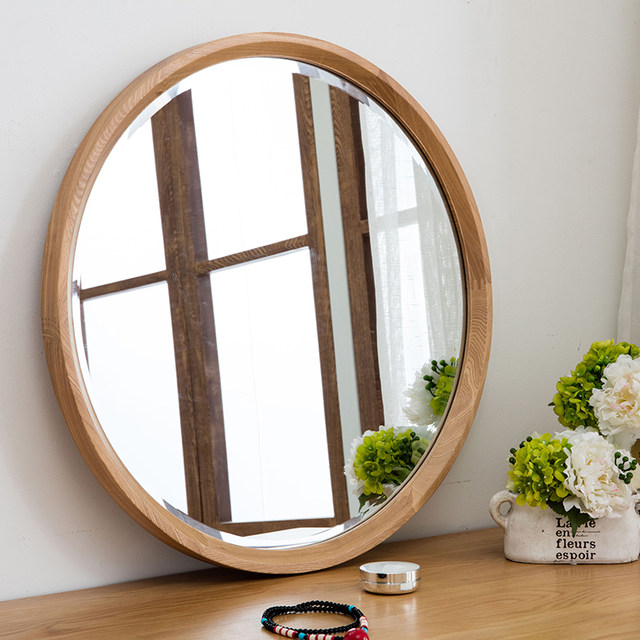 Nordic simple bathroom mirror wall-mounted mirror solid wood round ...