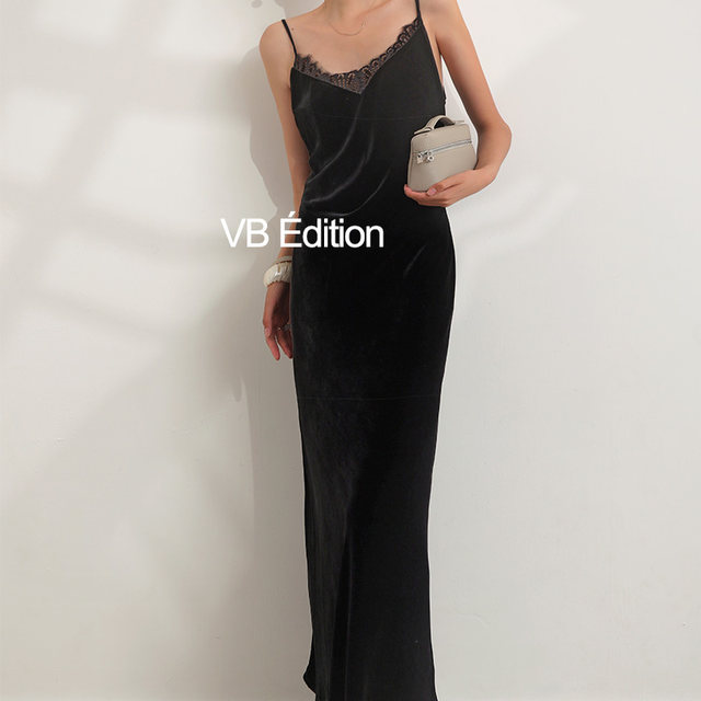VB French autumn and winter velvet obliquely stitching lace silk dress ...