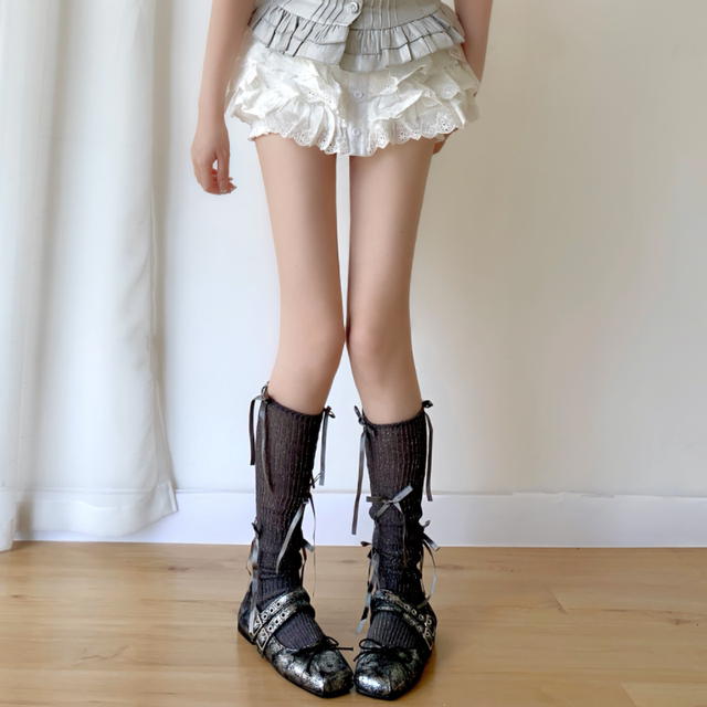 miu socks women's summer ballet style bow tie sweet girl jk bright silk calf socks spring and ...