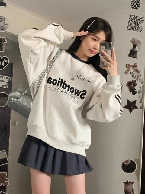 American retro three-bar round neck sweatshirt for women in spring and ...