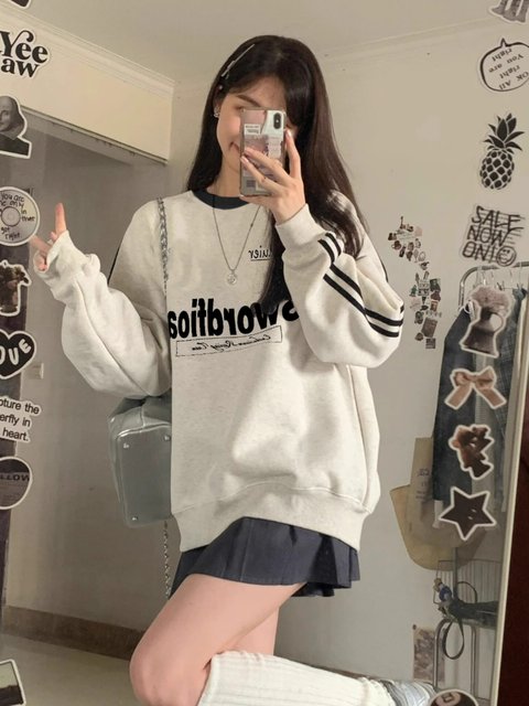 American retro three-bar round neck sweatshirt for women in spring and ...