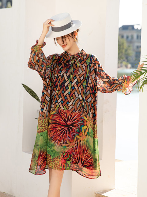 Plus-Size Geometric Retro Print Ladylike Autumn Outfit Women's Chiffon ...