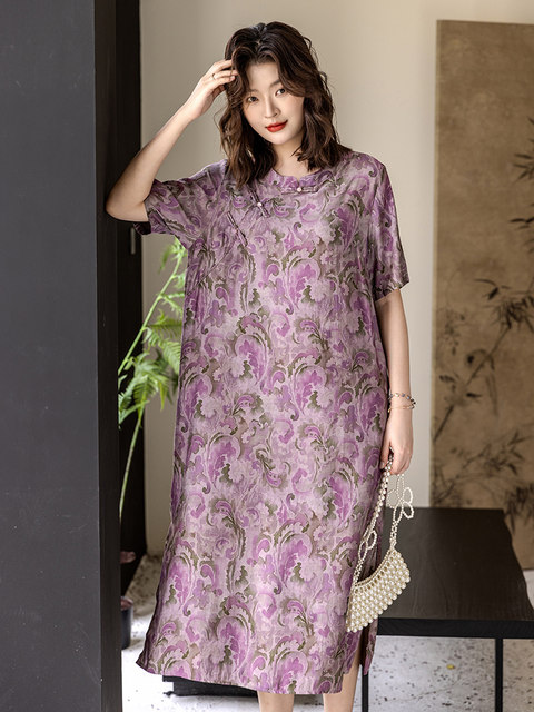 New Chinese-style side slit plus size retro purple printed dress A-line ...