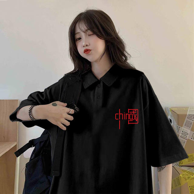 POLO shirt short -sleeved T -shirt girls summer new black wild medium long long long lap lapel top