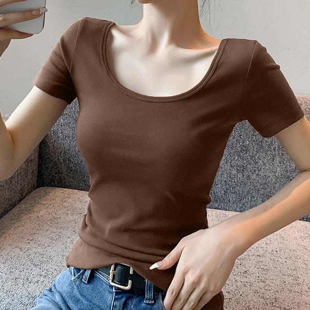 Modal low-neck short-sleeved T-shirt for women in summer slimming U ...