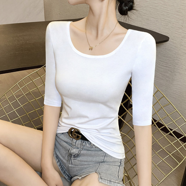 Modal black mid-sleeve T-shirt for women, spring and autumn thin ...