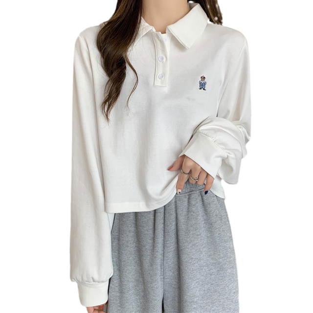 Polo collar short long-sleeved T-shirt women's spring and autumn Korean style loose student ...