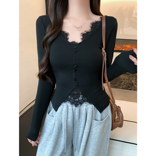 Lace edge high -level V -neck long sleeve t -shirt female autumn Korean ...