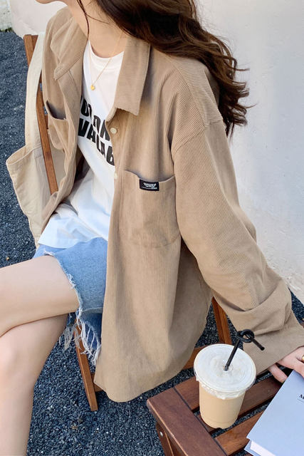 Bestow Retro Khaki Shirt Jacket Women's Lazy Style Loose Long Sleeve ...