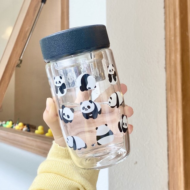Good-looking and cute panda glass cup for women to make tea and water ...
