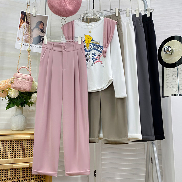 High waist double buckle curling temperament small feet suit straight ...