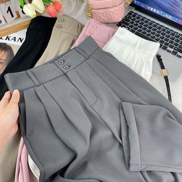 High waist double buckle curling temperament small feet suit straight ...