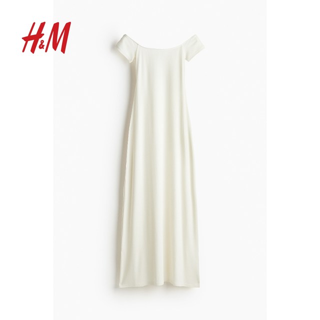 HM women's dress 2024 summer new short-sleeved one-line collar ribbed ...