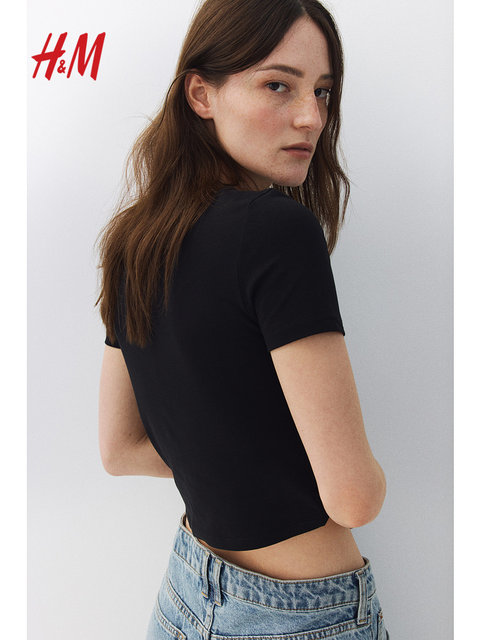 HM Women's T-shirt 2025 Summer New Soft Slim Round Neck Casual Front ...